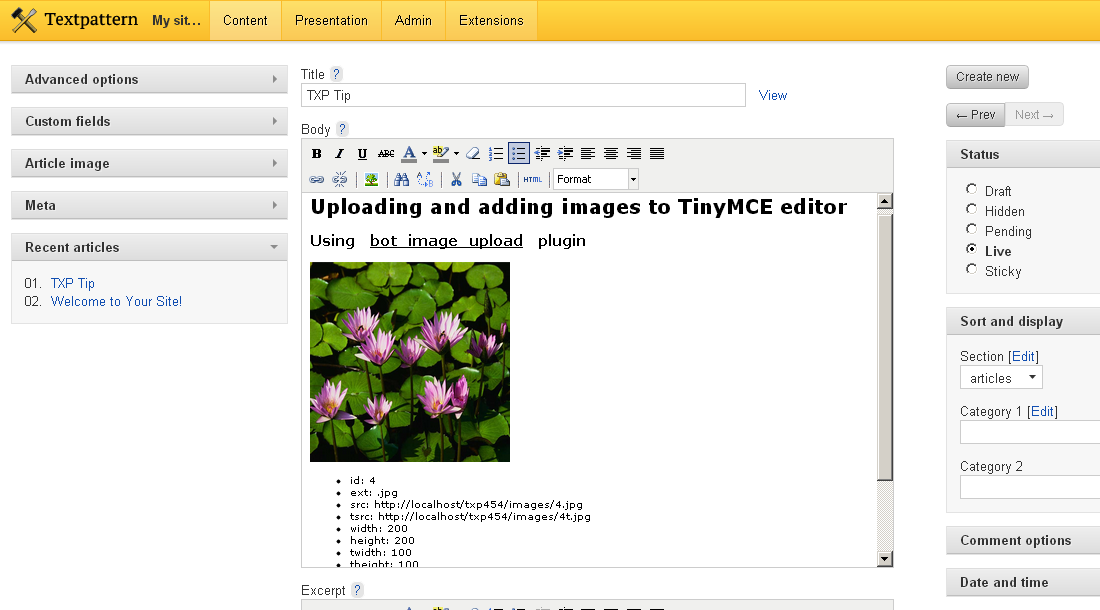 Upload images via the Write tab and TinyMCE › Textpattern Tips